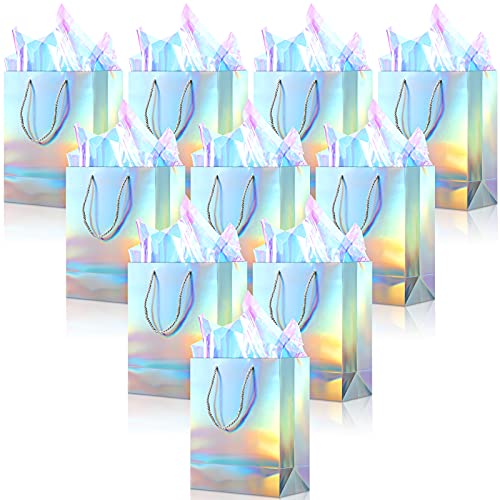 12 Pieces Iridescent Bags with Handles, Holographic Laser Paper Packaging Bags, 12x10x5 inch Christmas Packaging Tote Bags with Iridescent Films, Handmade DIY Bags, Wedding Valentine Paper Bags