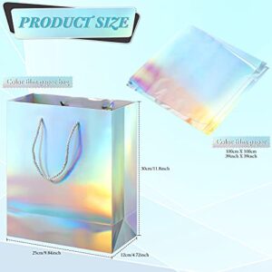 12 Pieces Iridescent Bags with Handles, Holographic Laser Paper Packaging Bags, 12x10x5 inch Christmas Packaging Tote Bags with Iridescent Films, Handmade DIY Bags, Wedding Valentine Paper Bags