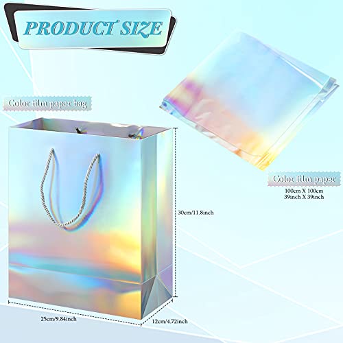 12 Pieces Iridescent Bags with Handles, Holographic Laser Paper Packaging Bags, 12x10x5 inch Christmas Packaging Tote Bags with Iridescent Films, Handmade DIY Bags, Wedding Valentine Paper Bags