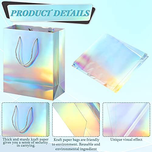 12 Pieces Iridescent Bags with Handles, Holographic Laser Paper Packaging Bags, 12x10x5 inch Christmas Packaging Tote Bags with Iridescent Films, Handmade DIY Bags, Wedding Valentine Paper Bags