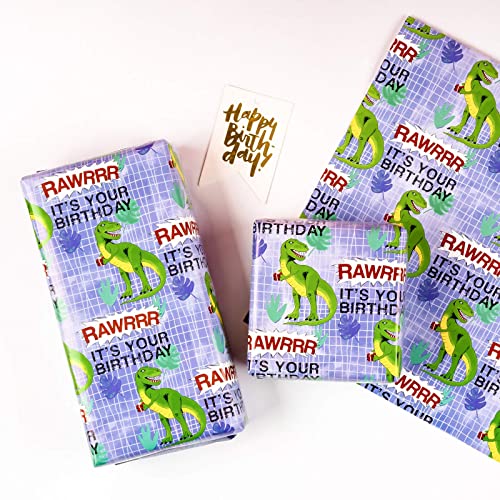 MAYPLUSS Wrapping Paper Sheet - Folded Flat - 3 Large sheets - Green Dinosaurt Design(22.6 sq.ft.ttl) - 27.5 inch X 39.4 inch Per Sheet