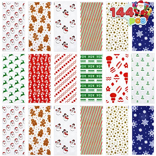 JOYIN 144 PCS Christmas Cellophane Bags with Ribbon Candy Cookie Bags for Holiday Treats, Christmas Party Favors Supplies, Christmas Clear Cello Gift Bags, Xmas Goodie Bags