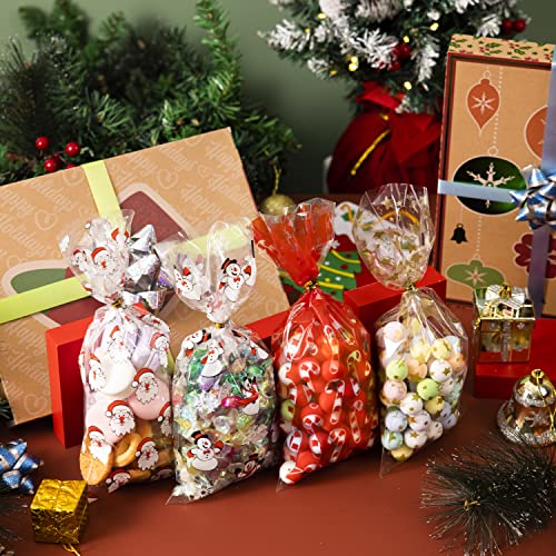 JOYIN 144 PCS Christmas Cellophane Bags with Ribbon Candy Cookie Bags for Holiday Treats, Christmas Party Favors Supplies, Christmas Clear Cello Gift Bags, Xmas Goodie Bags