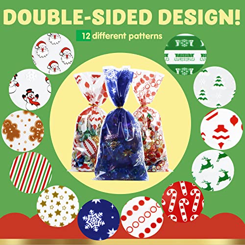 JOYIN 144 PCS Christmas Cellophane Bags with Ribbon Candy Cookie Bags for Holiday Treats, Christmas Party Favors Supplies, Christmas Clear Cello Gift Bags, Xmas Goodie Bags