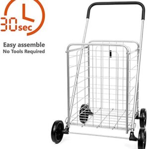 supenice Grocery Utility Shopping Cart - Deluxe Utility Cart with Oversized Basket and Tool Free Installation Light Weight Folding Cart with Wide Cushion Handle Bar for Laundry Book Luggage Travel