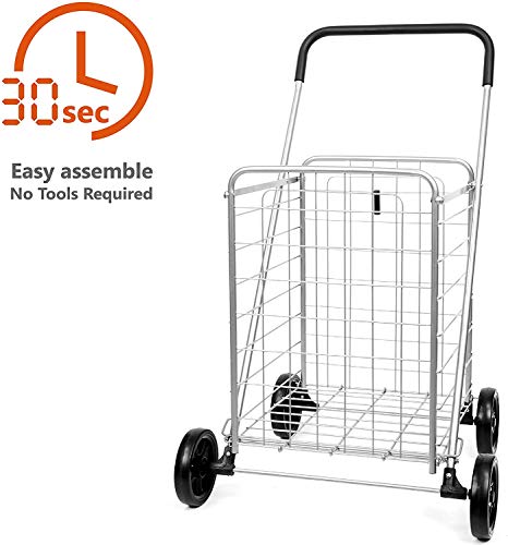 supenice Grocery Utility Shopping Cart - Deluxe Utility Cart with Oversized Basket and Tool Free Installation Light Weight Folding Cart with Wide Cushion Handle Bar for Laundry Book Luggage Travel