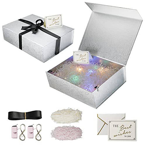 Large Gift Box with Lid, Collapsible Magnetic Closure Gift Box for Present, Birthday, Christmas; Bridesmaid Groomsman Luxury Gift Box Contains LED String Lights, Ribbon, Shredded Paper Filler, Card