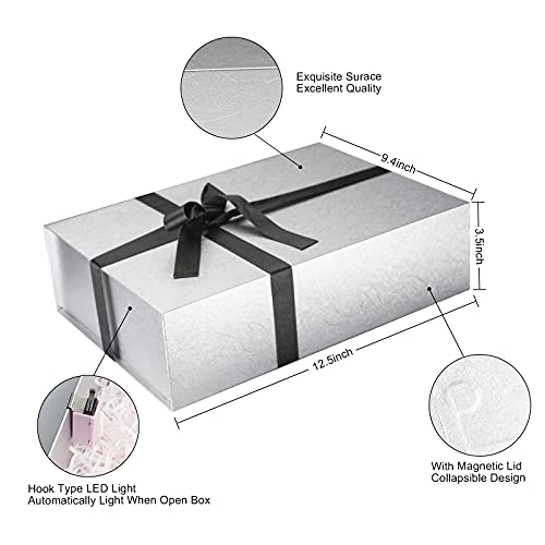 Large Gift Box with Lid, Collapsible Magnetic Closure Gift Box for Present, Birthday, Christmas; Bridesmaid Groomsman Luxury Gift Box Contains LED String Lights, Ribbon, Shredded Paper Filler, Card