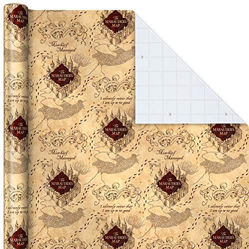 Hallmark Harry Potter Wrapping Paper with Cut Lines on Reverse (3-Pack: 60 sq. ft. ttl; Marauder's Map, Hogwarts Crest) for Birthdays, Graduations, Christmas, Valentine's Day