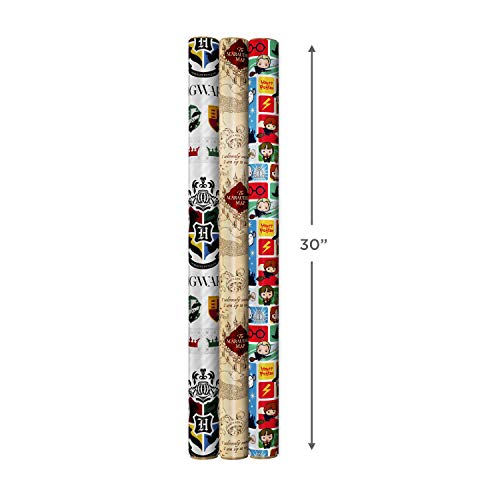 Hallmark Harry Potter Wrapping Paper with Cut Lines on Reverse (3-Pack: 60 sq. ft. ttl; Marauder's Map, Hogwarts Crest) for Birthdays, Graduations, Christmas, Valentine's Day