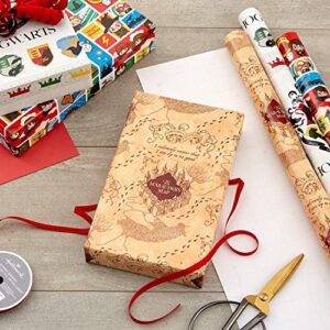 Hallmark Harry Potter Wrapping Paper with Cut Lines on Reverse (3-Pack: 60 sq. ft. ttl; Marauder's Map, Hogwarts Crest) for Birthdays, Graduations, Christmas, Valentine's Day