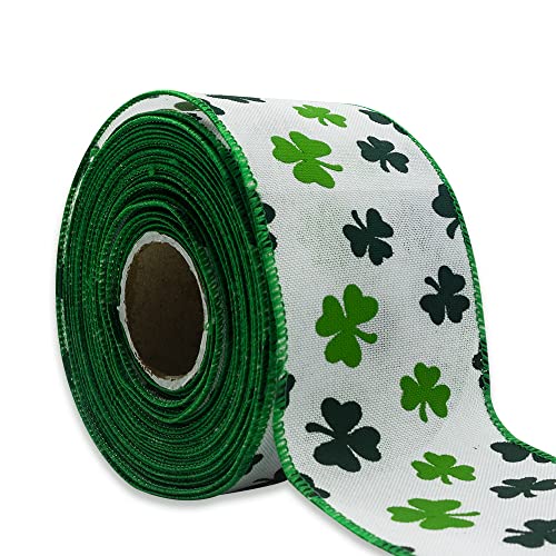 Saint Patrick's Day Fabric Ribbons, Green Clovers Edge Wired Burlap Ribbon for St Patrick Day Decor Irish Hanging Wrapping Party Gift Decoration Outdoor Crafts Supplies (2.5 Inch * 10 Yards * 1 Roll)