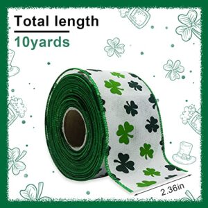 Saint Patrick's Day Fabric Ribbons, Green Clovers Edge Wired Burlap Ribbon for St Patrick Day Decor Irish Hanging Wrapping Party Gift Decoration Outdoor Crafts Supplies (2.5 Inch * 10 Yards * 1 Roll)