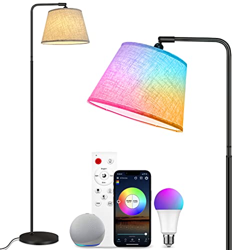 RGBWW Arc Floor Lamp for Living Room, Compatible with Alexa, Google Home, 2700K-6500K Dimmable Smart LED Lamp with Remote & WiFi APP Control, 67" Tall Modern Standing Lamp for Bedroom, Office (Black)