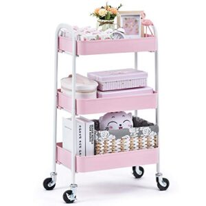 toolf 3 tier rolling cart, no screw metal utility cart, easy assemble utility serving cart, sturdy storage trolley with handles, locking wheels, for classroom office home bedroom bathroom, pink