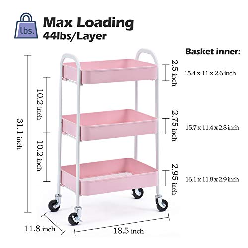 TOOLF 3 Tier Rolling Cart, No Screw Metal Utility Cart, Easy Assemble Utility Serving Cart, Sturdy Storage Trolley with Handles, Locking Wheels, for Classroom Office Home Bedroom Bathroom, Pink