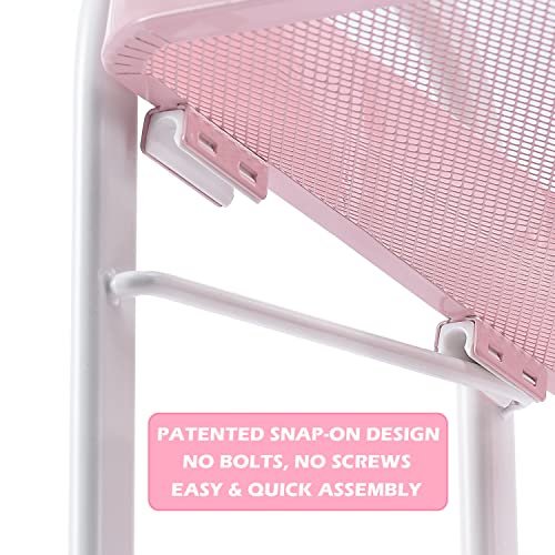 TOOLF 3 Tier Rolling Cart, No Screw Metal Utility Cart, Easy Assemble Utility Serving Cart, Sturdy Storage Trolley with Handles, Locking Wheels, for Classroom Office Home Bedroom Bathroom, Pink