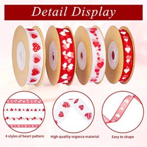 4 Rolls Valentine's Day Ribbon Heart Organza Ribbons Heart Printed Ribbon for Valentine's Day Wedding Decoration DIY Wrapping Crafts Wreath Decor, 44 Yards Total Long