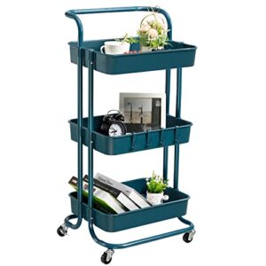 danpinera 3 tier rolling utility cart with hooks & handle storage organization shelves coffee bar cart service cart trolley for kitchen, bathroom, office, workshop (dark blue)