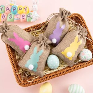 Whaline 24Pcs Easter Burlap Bag Drawstring Gift Bag Easter Bunny Rabbit Linen Jute Bag with Fluffy Tail Gift Pouch Bag Hunt Bag Party Favor Bag Chocolate Sweet Bags for Easter Birthday Treats Goodie