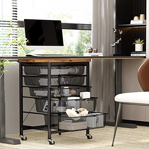 AWQM Rolling File Storage Cabinet,5 Drawers Cart Organizer with Lockable Wheels,Mobile Office Printer Stand,Home Office Utility Cart,Rustic Brown & Black Mesh