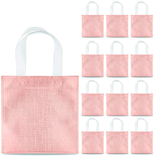 Whaline 24 Pieces 8''x8'' Non-Woven Small Party Bags, Gift Bags, Reusable Candy Goodie Bags, DIY Craft Bags, Glossy Tote Bags for Birthday, Holiday, Event (Rose Gold)