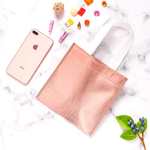 Whaline 24 Pieces 8''x8'' Non-Woven Small Party Bags, Gift Bags, Reusable Candy Goodie Bags, DIY Craft Bags, Glossy Tote Bags for Birthday, Holiday, Event (Rose Gold)