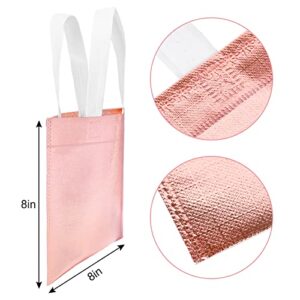 Whaline 24 Pieces 8''x8'' Non-Woven Small Party Bags, Gift Bags, Reusable Candy Goodie Bags, DIY Craft Bags, Glossy Tote Bags for Birthday, Holiday, Event (Rose Gold)