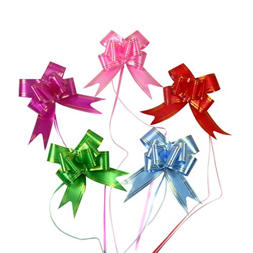 MERRIPARTY 50pcs Large Pull Bows,Gift Wrapping Butterfly Knot,Present Basket Wrapping Bow Tie,String Bow with Ribbon, Wedding and Valentine Days Decoration (Gold Thread Style)