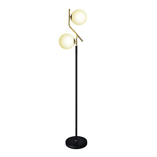 Hsyile Lighting KU300208 Modern Style Two Milky White Glass Orbs and Brass Finish Floor Lamp for Living Room,Bedroom,Office,Hotel,Light Pole and Base Black Finish