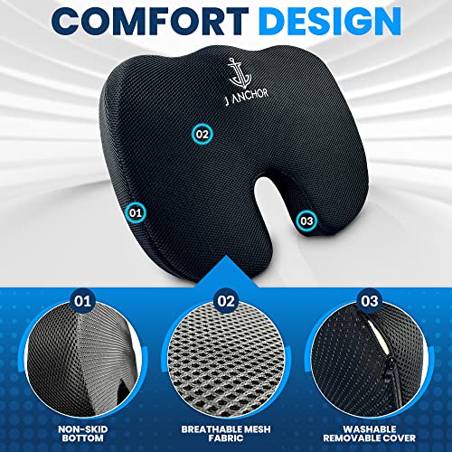 J Anchor Seat Cushion, Cool Gel Memory Foam with Carry Bag, Ergonomic, Office Chair, Car, Airplane, Wheelchair, Orthopedic Pillow for Tailbone, Lower Back, Coccyx, Sciatica, Lumbar Pain Relief