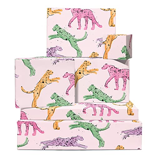 CENTRAL 23 Animal Print Wrapping Paper - Watercolor Cheetah - 6 Sheets Pink Gift Wrap - Safari Jungle - Birthday Wrapping Paper For Women - Comes With Stickers