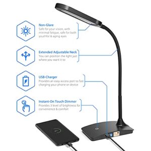 TW Black Desk Lamps for Home Office - Super Bright Small Desk Lamp with USB Charging Port, a Perfect LED Desk Light as Study Lamp, Bedside Reading Lights