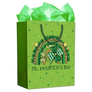 waahome st. patricks day gift bag with handle 11.5”x9”x5” green shamrock clover gift bags with tissue paper, happy st. patrick’s day wrapping paper gift bag for kids family friends