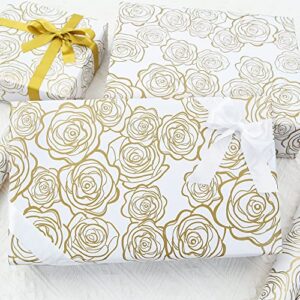 Gift Wrapping Paper, Golden Rose Pattern in White Art Paper with 1 Roll Gold Ribbon, for Weddings, Mother's Day, Birthdays, Baby Showers, Bridal Showers, Valentine's Day or Any Occasion(6 Sheets)