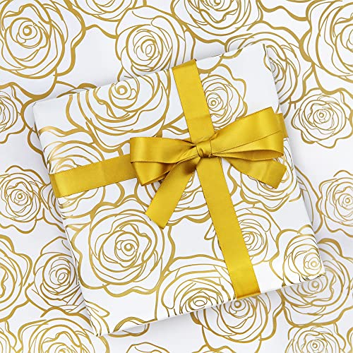 Gift Wrapping Paper, Golden Rose Pattern in White Art Paper with 1 Roll Gold Ribbon, for Weddings, Mother's Day, Birthdays, Baby Showers, Bridal Showers, Valentine's Day or Any Occasion(6 Sheets)