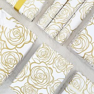 Gift Wrapping Paper, Golden Rose Pattern in White Art Paper with 1 Roll Gold Ribbon, for Weddings, Mother's Day, Birthdays, Baby Showers, Bridal Showers, Valentine's Day or Any Occasion(6 Sheets)