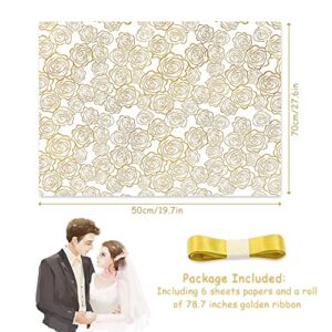 Gift Wrapping Paper, Golden Rose Pattern in White Art Paper with 1 Roll Gold Ribbon, for Weddings, Mother's Day, Birthdays, Baby Showers, Bridal Showers, Valentine's Day or Any Occasion(6 Sheets)