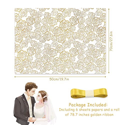 Gift Wrapping Paper, Golden Rose Pattern in White Art Paper with 1 Roll Gold Ribbon, for Weddings, Mother's Day, Birthdays, Baby Showers, Bridal Showers, Valentine's Day or Any Occasion(6 Sheets)