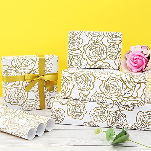 Gift Wrapping Paper, Golden Rose Pattern in White Art Paper with 1 Roll Gold Ribbon, for Weddings, Mother's Day, Birthdays, Baby Showers, Bridal Showers, Valentine's Day or Any Occasion(6 Sheets)