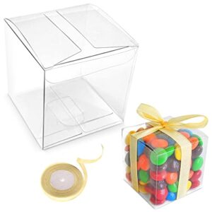 75 pcs 2x2x2 inch clear pet macaron boxes, wedding plastic boxes, treat candy boxes, small clear boxes for gifts, clear party favor boxes, clear cupcake boxes with free gold wrapping ribbon