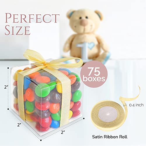 75 pcs 2x2x2 Inch Clear PET Macaron Boxes, Wedding Plastic Boxes, Treat Candy Boxes, Small Clear Boxes for Gifts, Clear Party favor Boxes, Clear Cupcake Boxes with Free Gold Wrapping Ribbon