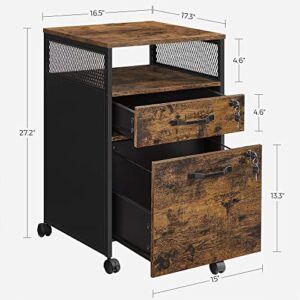 VASAGLE File Cabinet with Lock, Filing Cabinet with 2 Storage Drawers, for Hanging File Folders, Open Shelf, Home Office, Steel Frame, Industrial, Rustic Brown and Black UOFC077B01