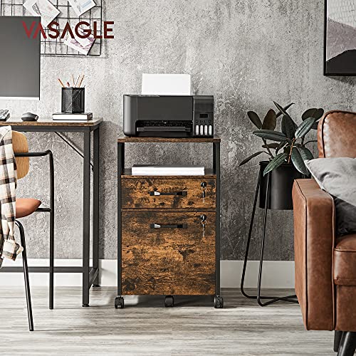 VASAGLE File Cabinet with Lock, Filing Cabinet with 2 Storage Drawers, for Hanging File Folders, Open Shelf, Home Office, Steel Frame, Industrial, Rustic Brown and Black UOFC077B01