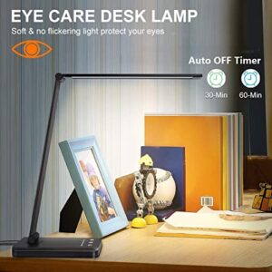 LED Desk Lamp Table Lamp Dimmable Reading Lamp with USB Charging Port 5 Lighting Modes 5 Brightness Levels, Sensitive Control, 30/60 min Auto Timer, Eye-Caring Office Lamp (Black 1.0)