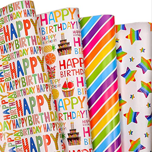 THMORT Birthday Wrapping Paper for Kids, Boys&Girls, Adults. Gift Wrapping Paper With Colorful Happy Birthday Font Print, Star, Rainbow Stripe lines,4 Bright and Shine Designs for Baby Shower, Holiday, Party. Pack Of 12 Sheets 20 X 29 Inch