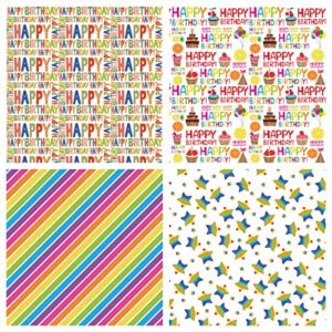 THMORT Birthday Wrapping Paper for Kids, Boys&Girls, Adults. Gift Wrapping Paper With Colorful Happy Birthday Font Print, Star, Rainbow Stripe lines,4 Bright and Shine Designs for Baby Shower, Holiday, Party. Pack Of 12 Sheets 20 X 29 Inch