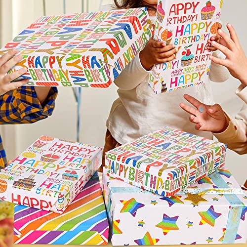 THMORT Birthday Wrapping Paper for Kids, Boys&Girls, Adults. Gift Wrapping Paper With Colorful Happy Birthday Font Print, Star, Rainbow Stripe lines,4 Bright and Shine Designs for Baby Shower, Holiday, Party. Pack Of 12 Sheets 20 X 29 Inch