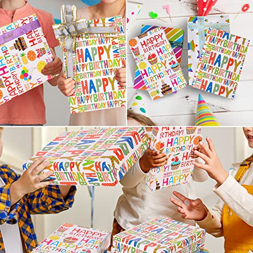 THMORT Birthday Wrapping Paper for Kids, Boys&Girls, Adults. Gift Wrapping Paper With Colorful Happy Birthday Font Print, Star, Rainbow Stripe lines,4 Bright and Shine Designs for Baby Shower, Holiday, Party. Pack Of 12 Sheets 20 X 29 Inch