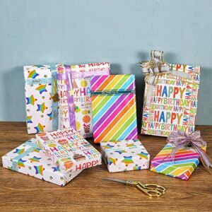 THMORT Birthday Wrapping Paper for Kids, Boys&Girls, Adults. Gift Wrapping Paper With Colorful Happy Birthday Font Print, Star, Rainbow Stripe lines,4 Bright and Shine Designs for Baby Shower, Holiday, Party. Pack Of 12 Sheets 20 X 29 Inch